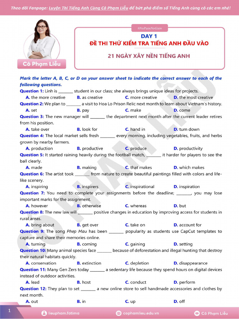 Day 1 de Kiem Tra Tieng Anh Dau Vao Nhom 21 Ngay Xay Nen Tieng Anh 1 PDF | PDF