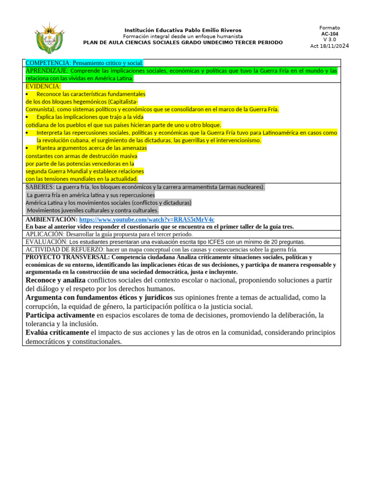 Plan de Aula Grado Undecimo Ciencias Sociales Tercer Periodo 2025 | PDF | Guerra Fría | Democracia