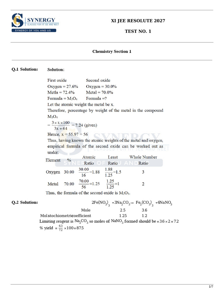 Sol Chem Xi Resolute Jee 2027 Test 1 On 2nd June | PDF | Mole (Unit ...