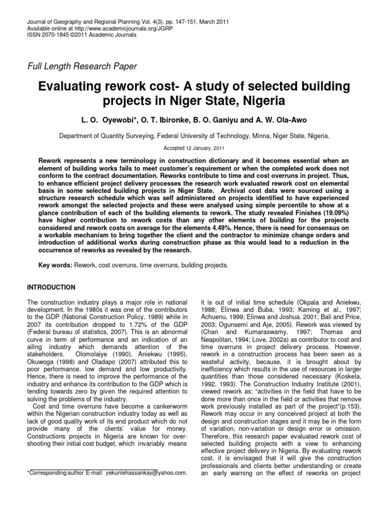 Evaluating Rework Cost - A Study of Selected Building | PDF | Economies
