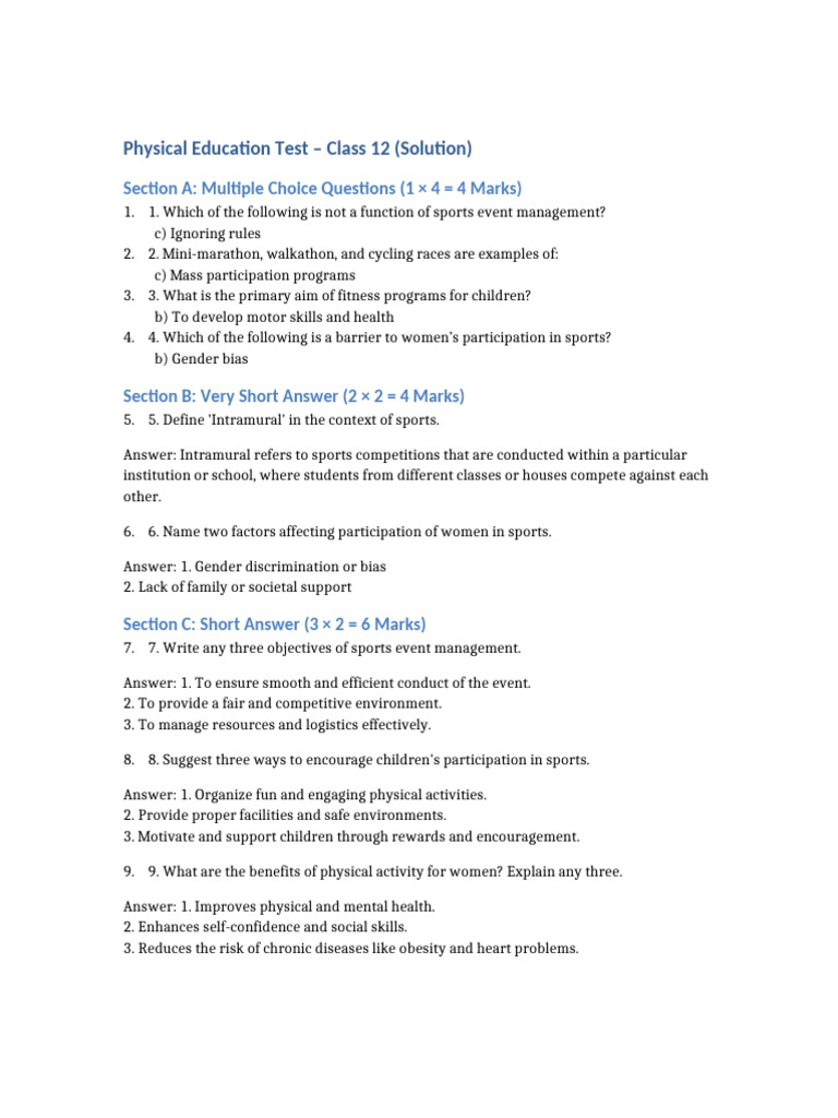 Physical Education Test Class12 Solution | PDF | Sports