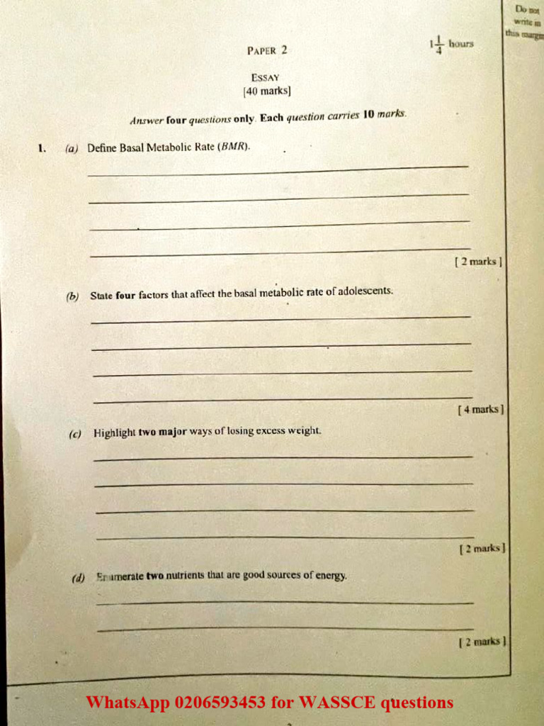 Food & Nutrition (Essay) - WASSCE 2024 | PDF