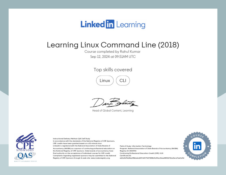 CertificateOfCompletion - Learning Linux Command Line 2018 | PDF