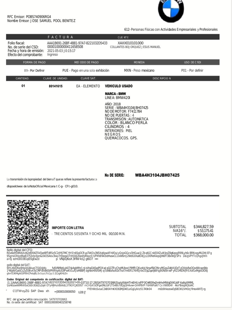 Factura Bmw 420i 2018 En Pdf Pdf Vehículo De Motor Bmw