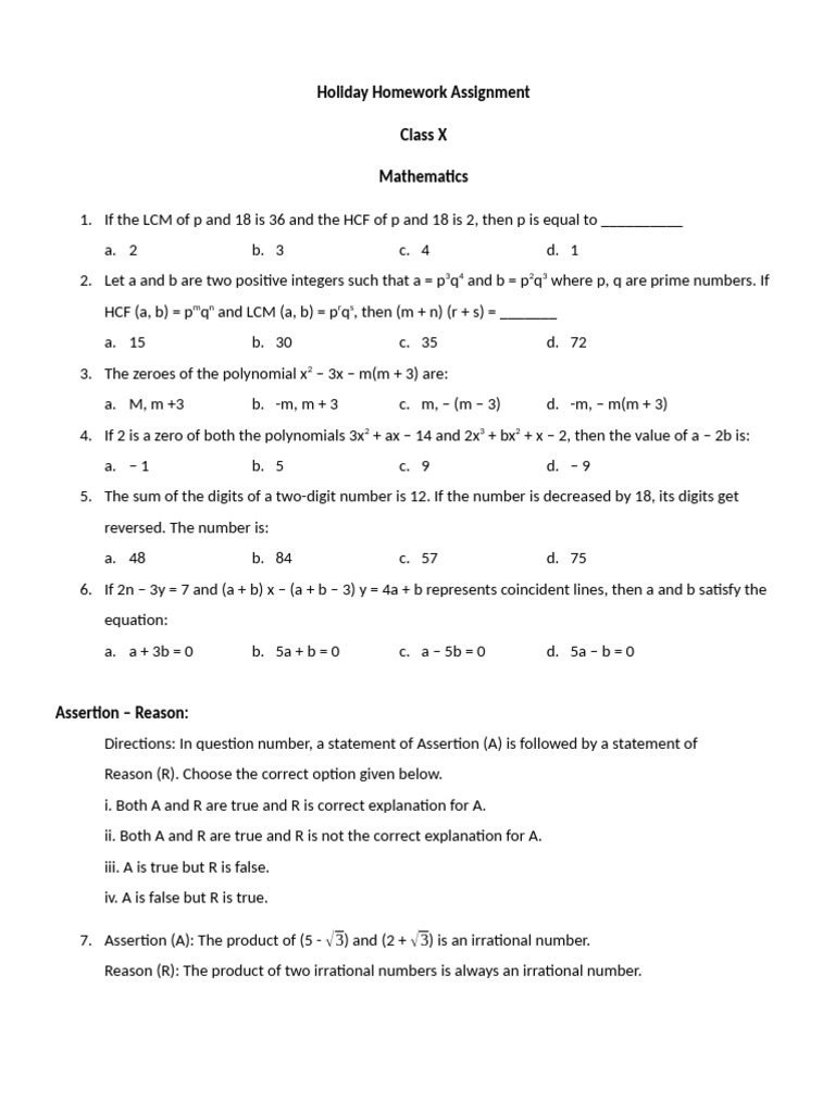 X - Holiday Homework Assignment | PDF | Quadratic Equation | Numbers