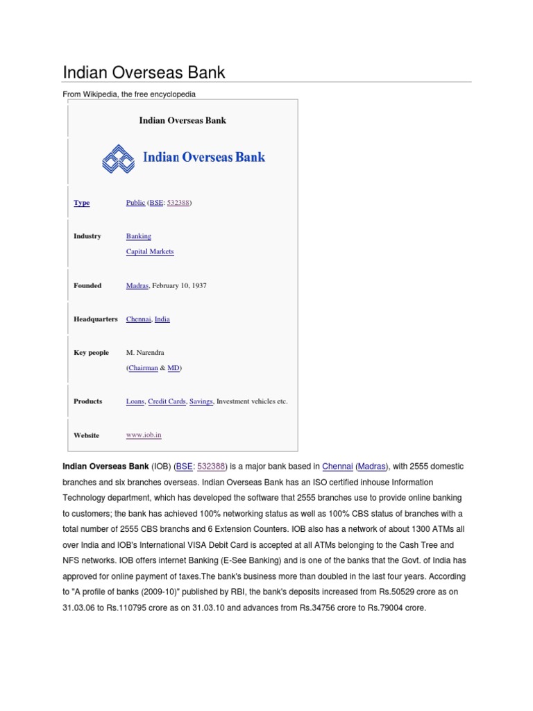 Indian Overseas Bank | PDF | Banks | Money