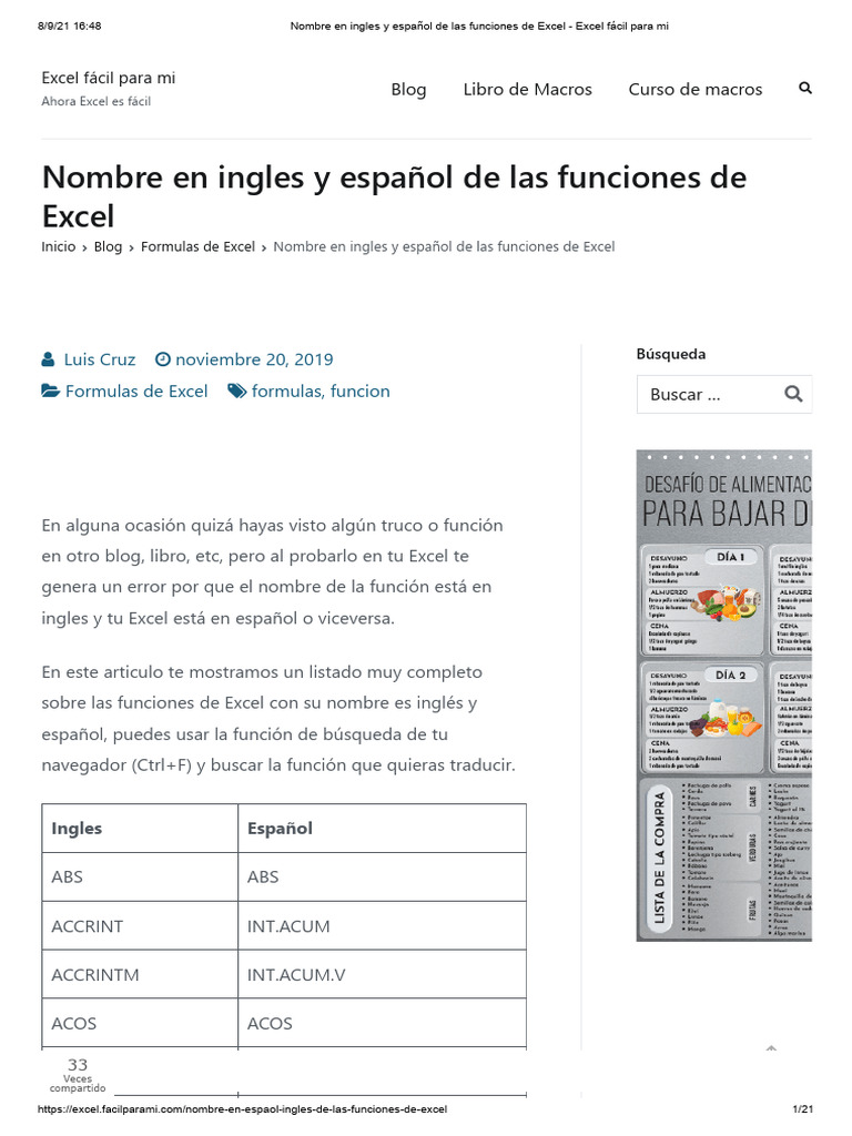 Nombre en Ingles y Español de Las Funciones de Excel - Excel Fácil para ...