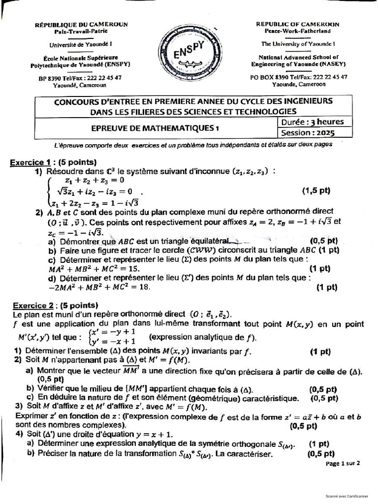 Maths ENSPY 2025 Sujet 1 | PDF