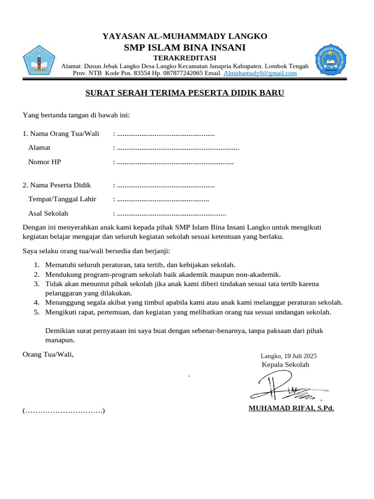 Surat Serah Terima Peserta Didik SMP | PDF