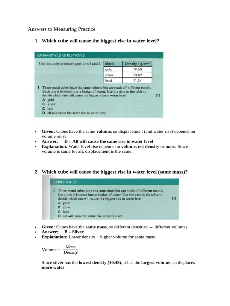 Measuring Density and Volume Calculations | PDF | Density | Volume