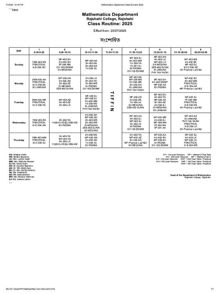 Mathematics Department Class Routine 2025 | PDF
