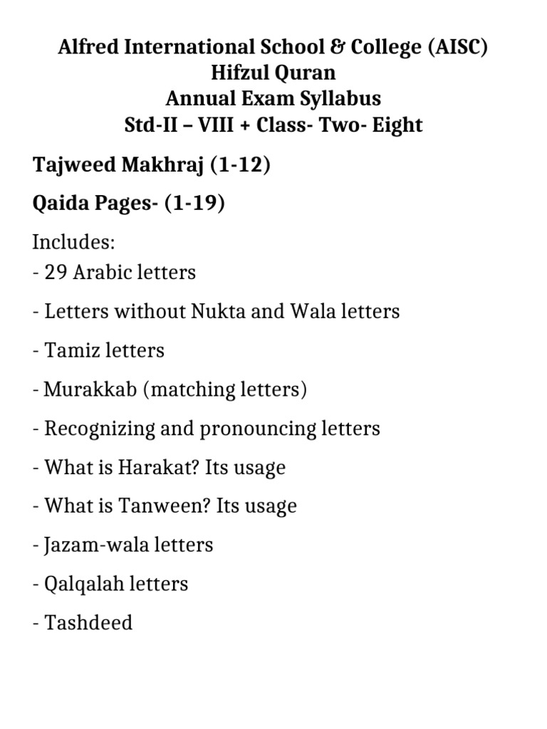 AISC Hifzul Quran Syllabus | PDF