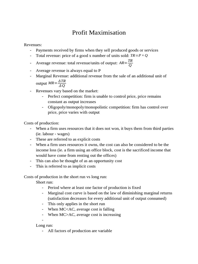 Profit Maximisation | PDF | Profit (Economics) | Average Cost
