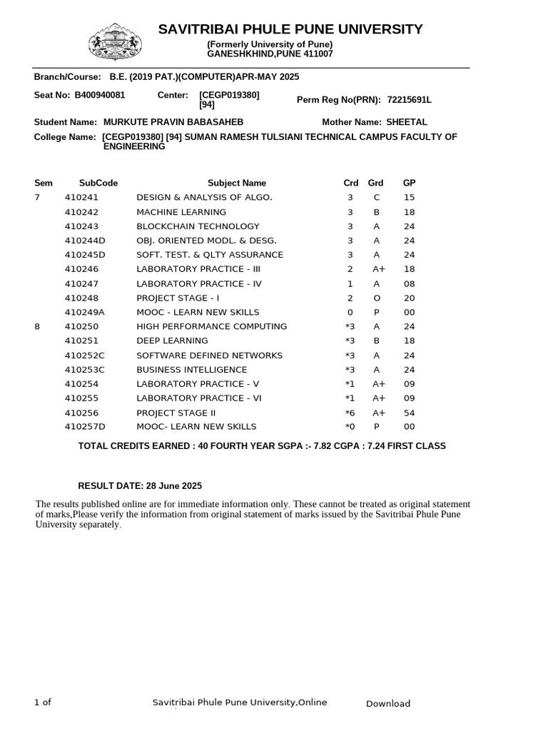 SPPU Online Result for B.E. Students | PDF