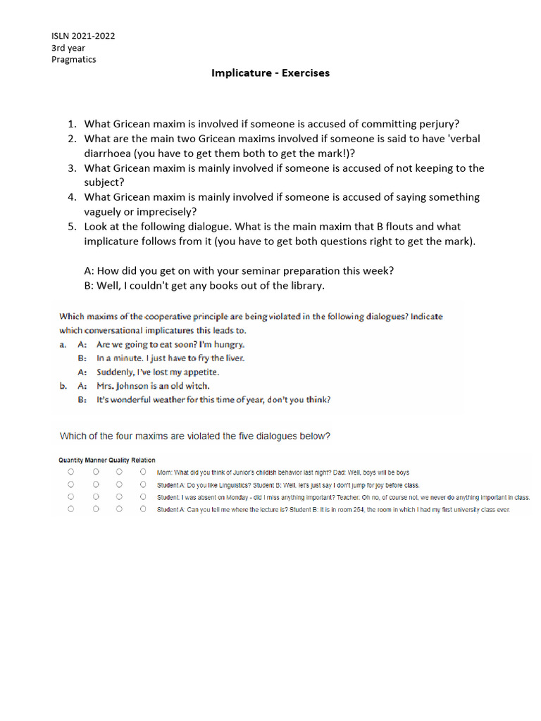 Implicature Exercises | PDF