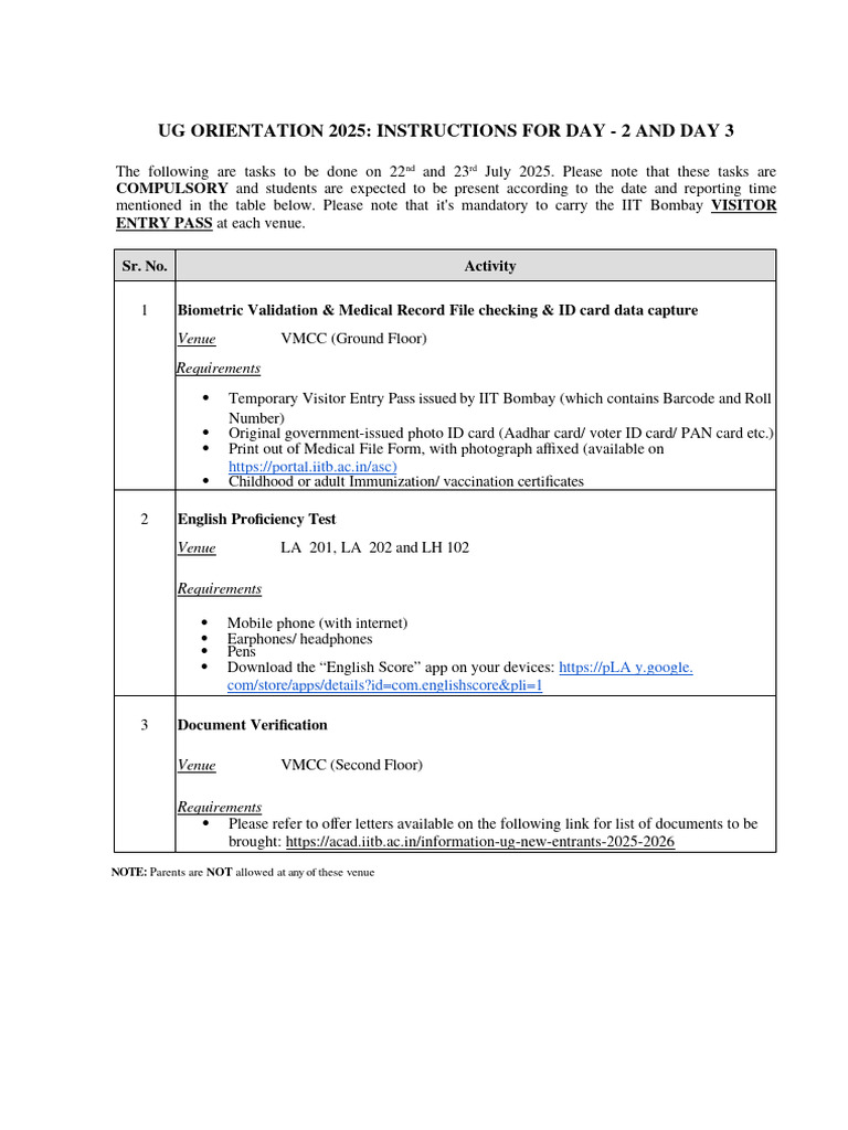 UG Orientation Day 2 and Day 3 Schedule | PDF | Identity Document ...