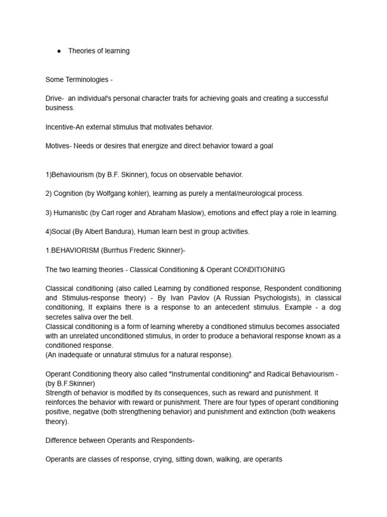 Theories of Learning | PDF | Behaviorism | Classical Conditioning