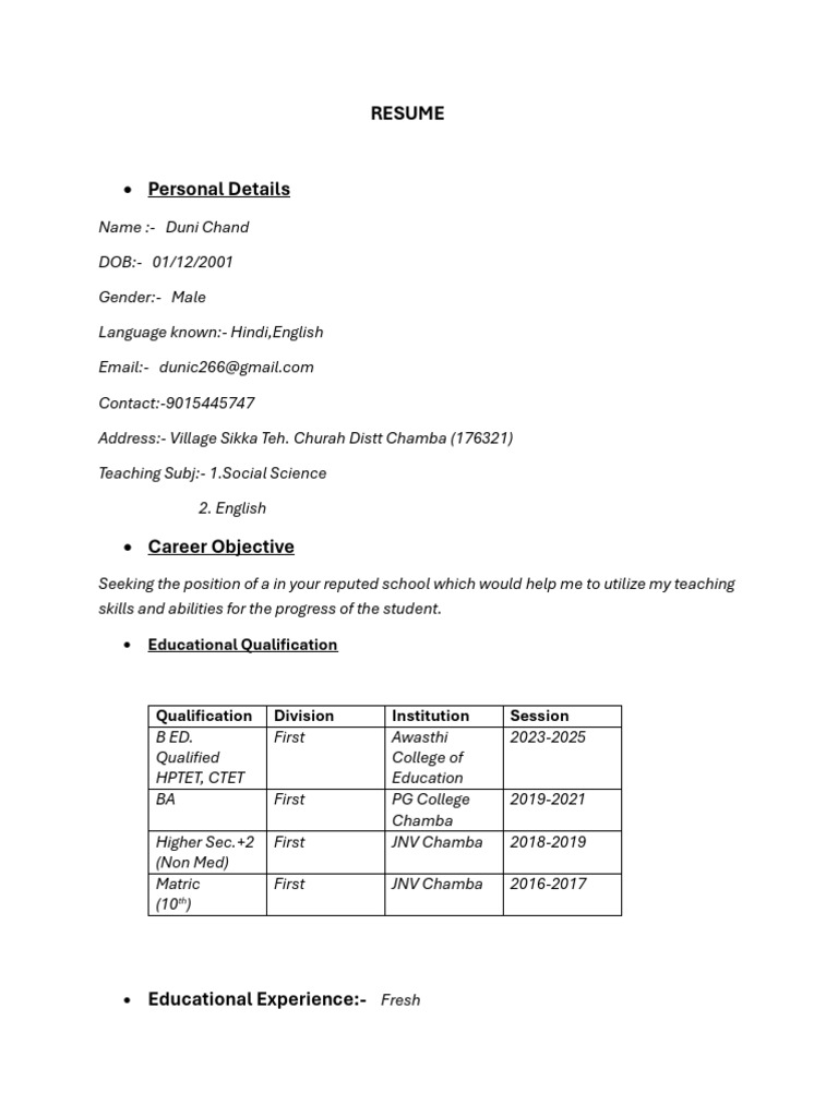 Resume of Duni Chand - Teacher Applicant | PDF