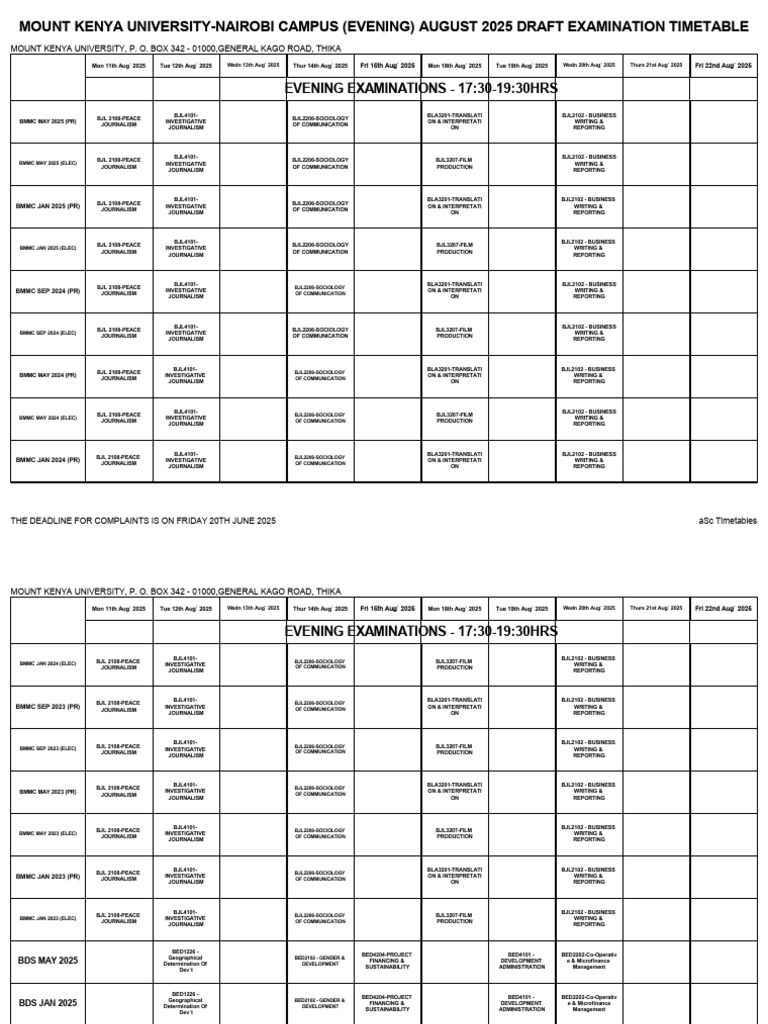 Evening Bachelor's August 2025 Draft Examination Timetable | PDF ...