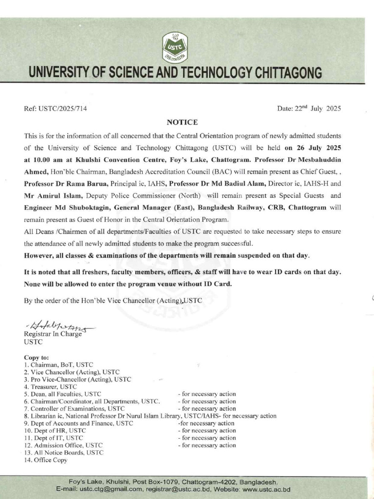Notice For The Central Orientation Program of USTC. | PDF