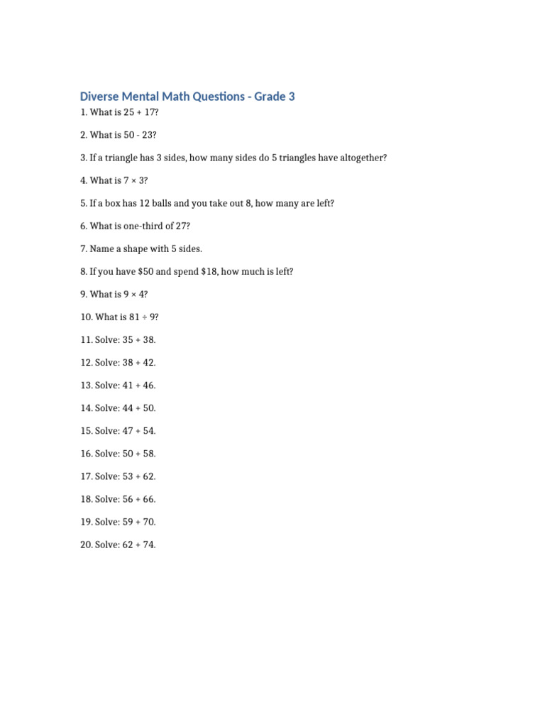 Grade 3 Mental Math Questions | PDF