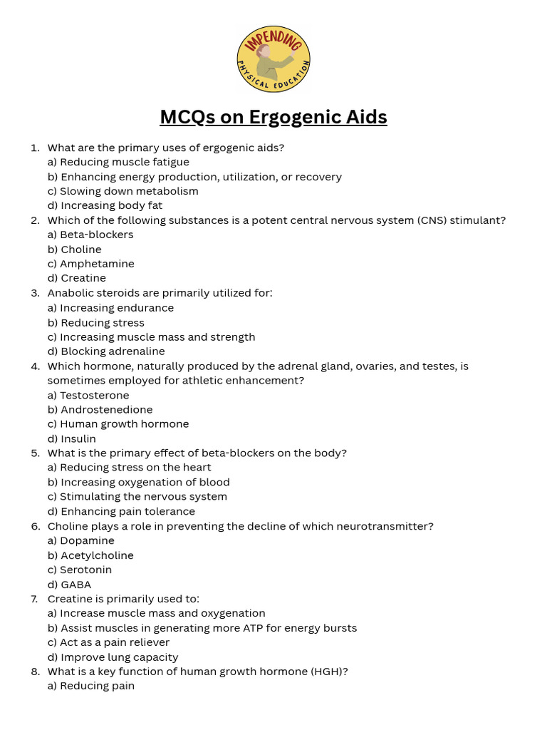 MCQs on Ergogenic Aids physical education | PDF | Stimulant | Physiology