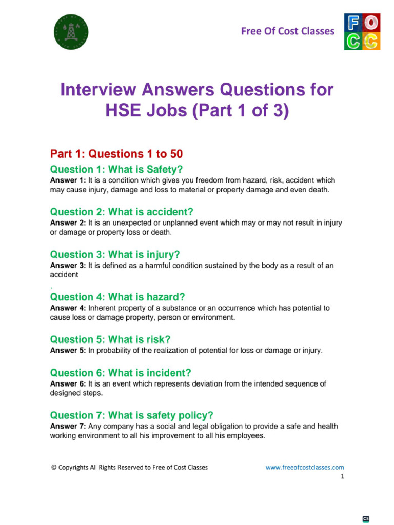 Interview Answer Questions For HSE Job (Part 1 of 3) | PDF