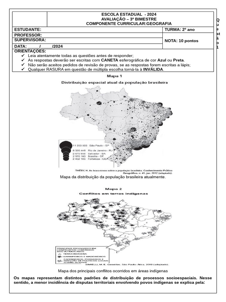 AVAL. 3º BIM. ZPS 2024 - 2º Ano - MANHÃ | PDF | Brasil | Grupo minoritário