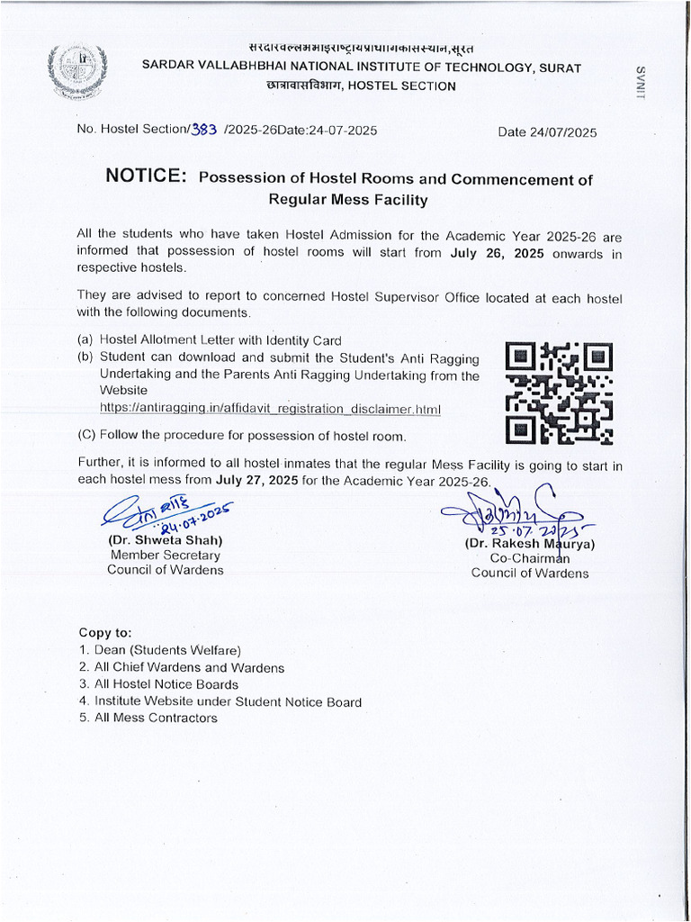 Notice-Possession of Hostel Rooms and Commencement of Regular Mess ...