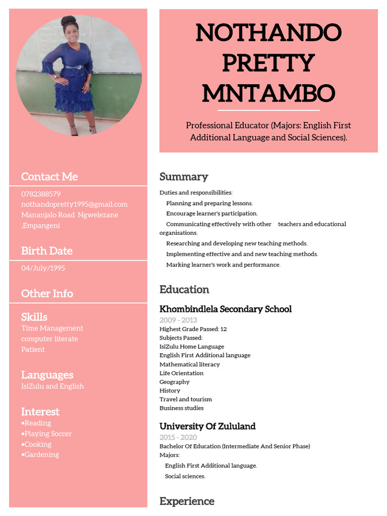 Nothando Mntambo Curriculum Vitae - 1686775965 | PDF | Schools | Learning