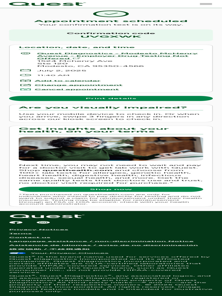 Quest Diagnostics Appointment Confirmation | PDF | Health Care