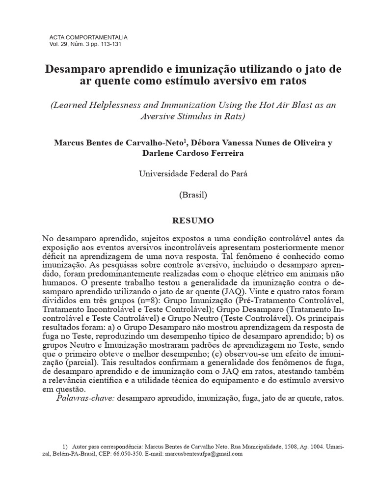 Imunização contra Desamparo em Ratos | PDF | Aprendizado | Estímulo ...