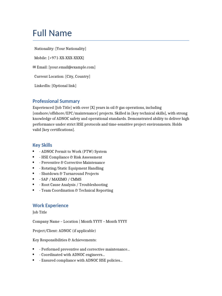 ADNOC Oil & Gas CV Template | PDF