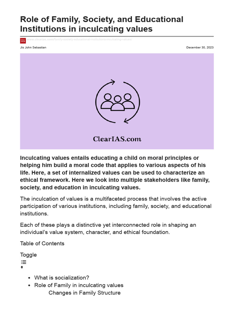 Role of Family, Society, and Educational Institutions in Inculcating ...