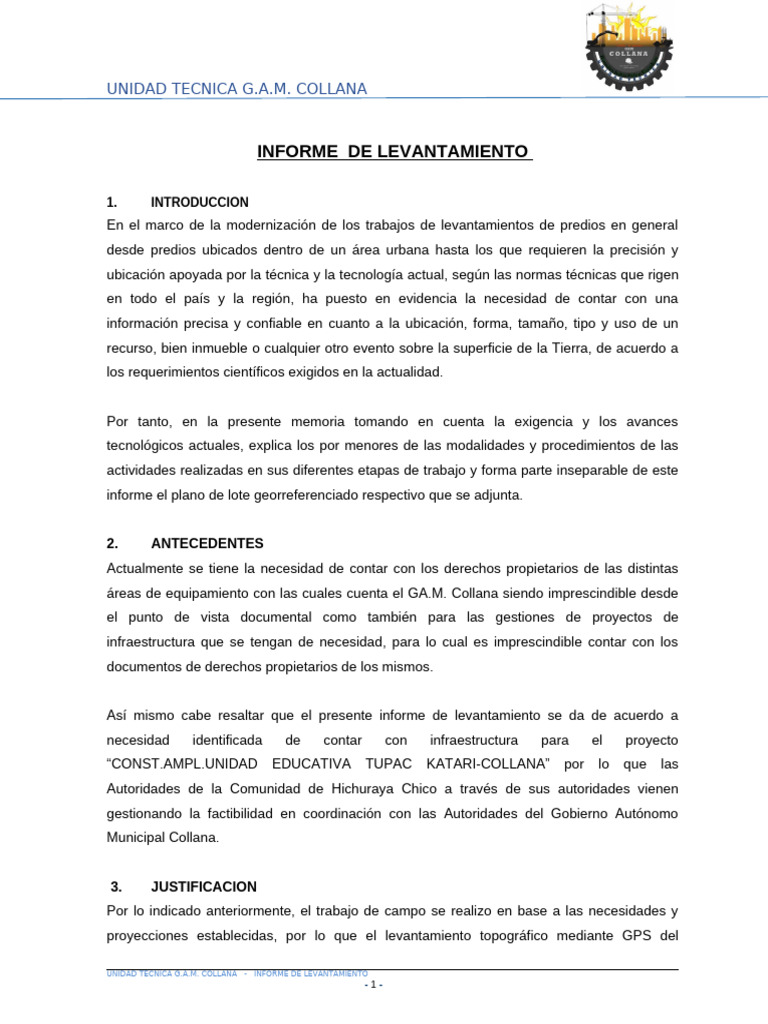 Informe de Levantamiento - Const - Ampl.unidad Educativa Tupac Katari-Collana | PDF | Topografía ...