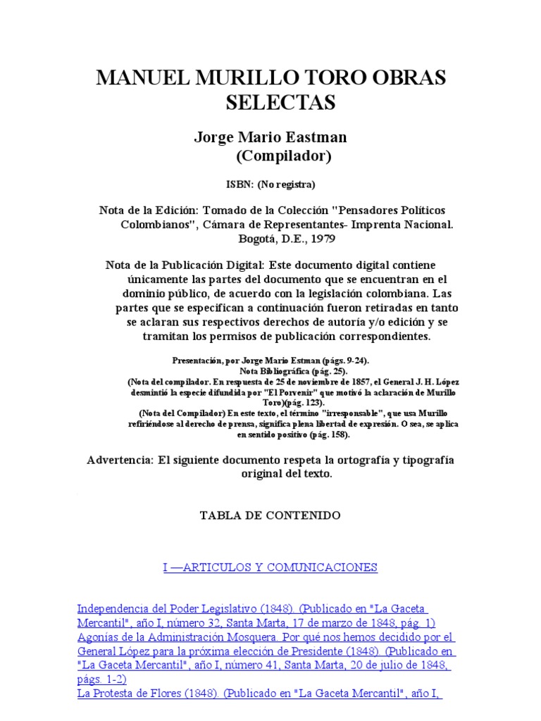Manuel Murillo Toro Obras Selectas | República | Democracia