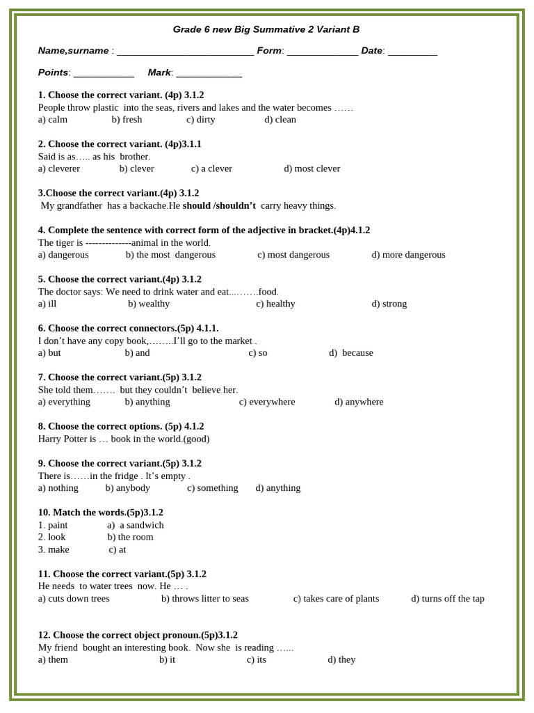 Grade 6 New Big Summative 2 Variant B | PDF