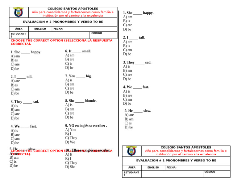 Evaluación 2 Pronombres y Verbo To Be | PDF