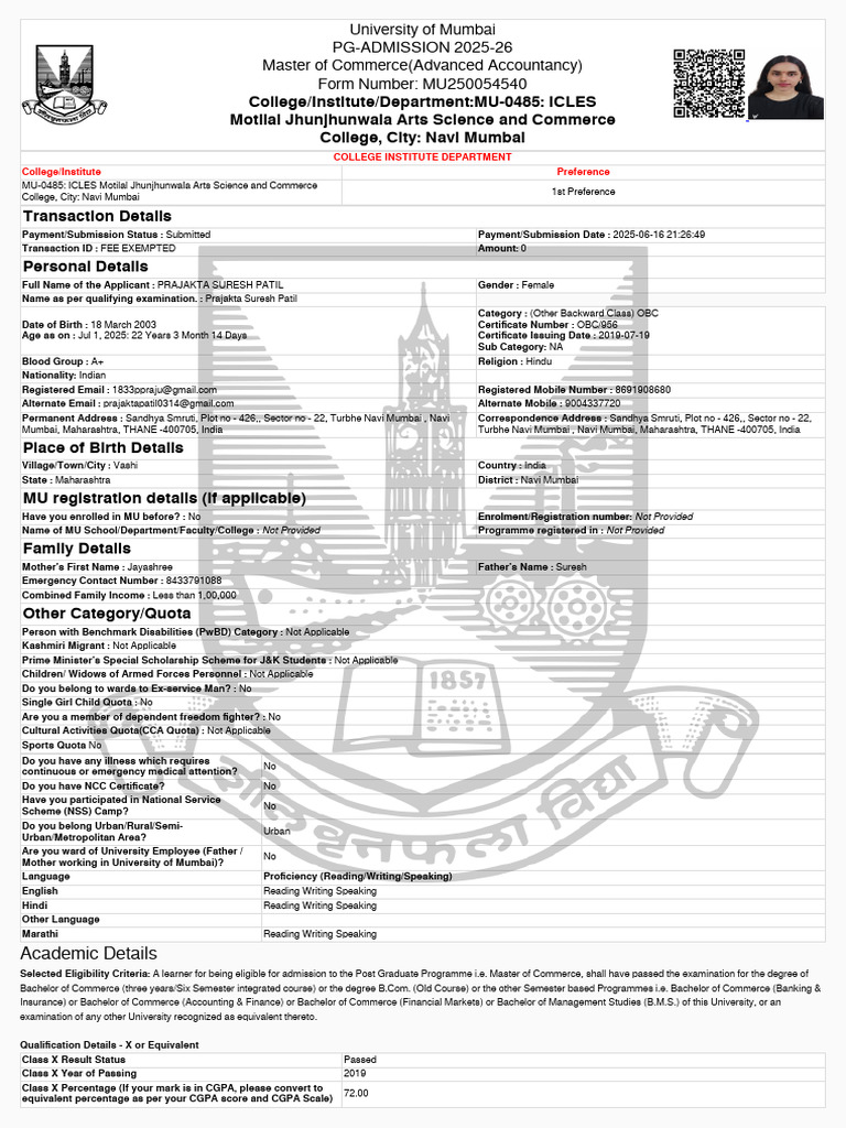 Mumbai University Mcom Admission Form | PDF