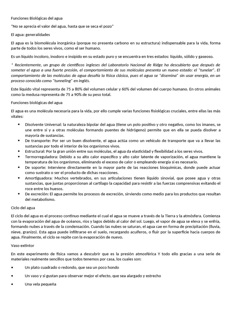 Funciones Biológicas Del Agua | PDF | Agua | Incendios