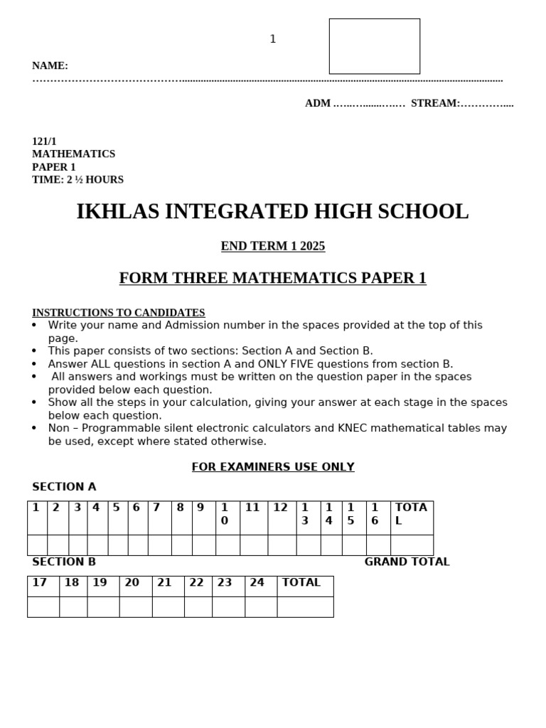 t1 Mathematics f3 Pp1 Qs | PDF | Area | Angle