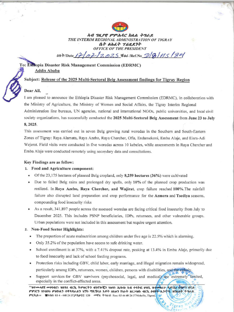 2025 Tigray Belg Assessment Finding (Food and Agriculture) | PDF
