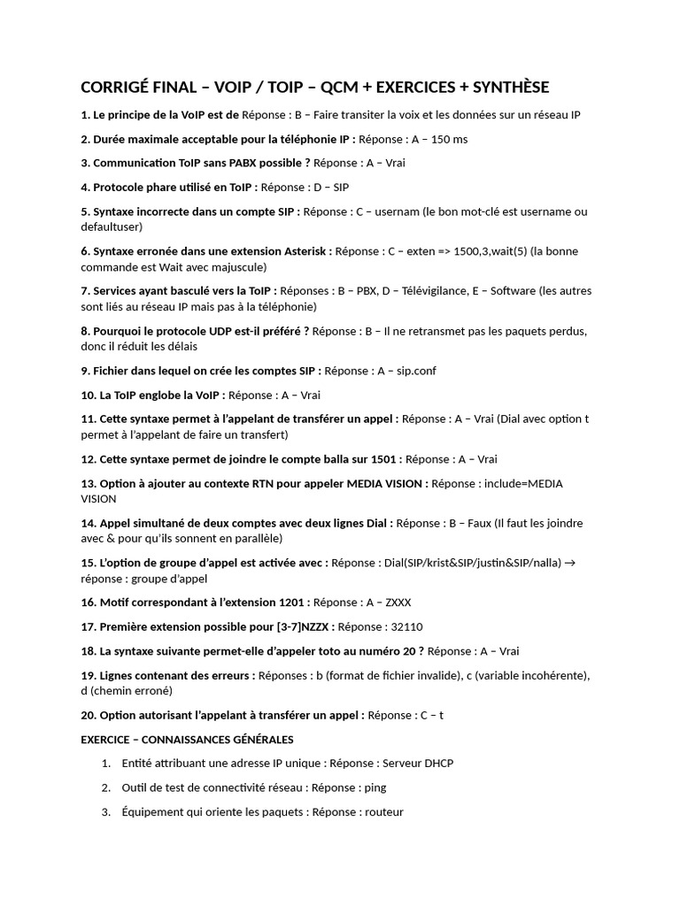 Corrigé QCM VoIP et ToIP | PDF | Voix sur IP | séance d'initiation au ...