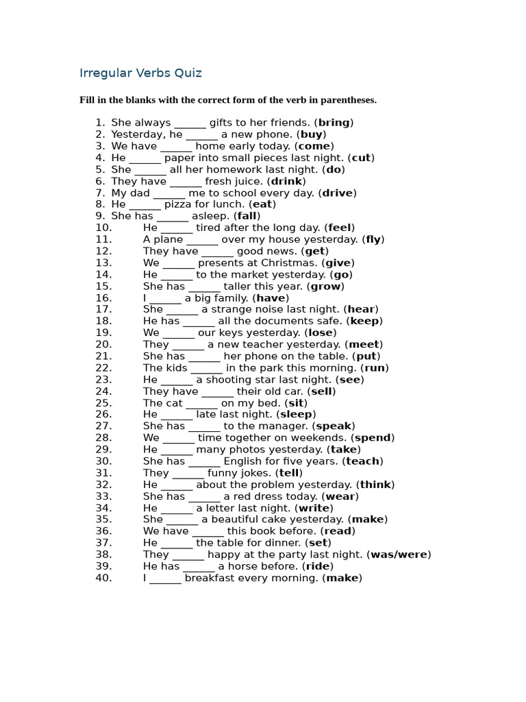 Irregular Verbs Quiz PDF | PDF