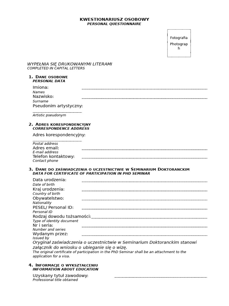 Annex 2 - Personal Questionnaire | PDF