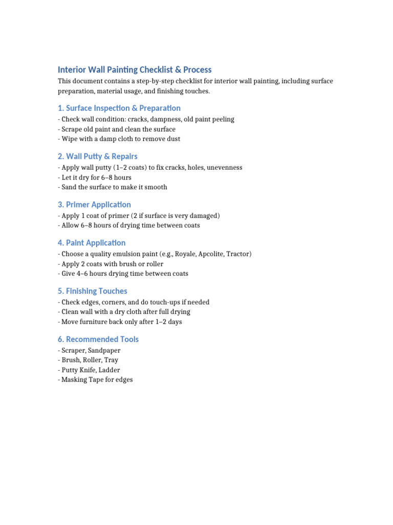 Interior Wall Painting Process Checklist | PDF