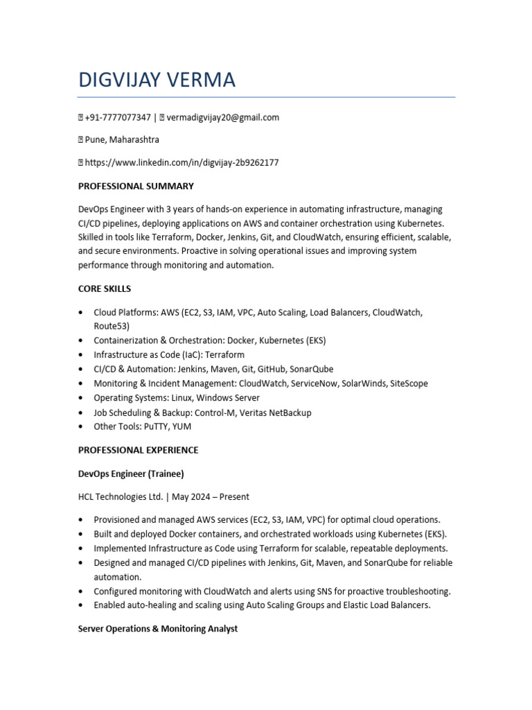 DevOps Engineer Resume - AWS & Kubernetes | PDF | Cloud Computing ...