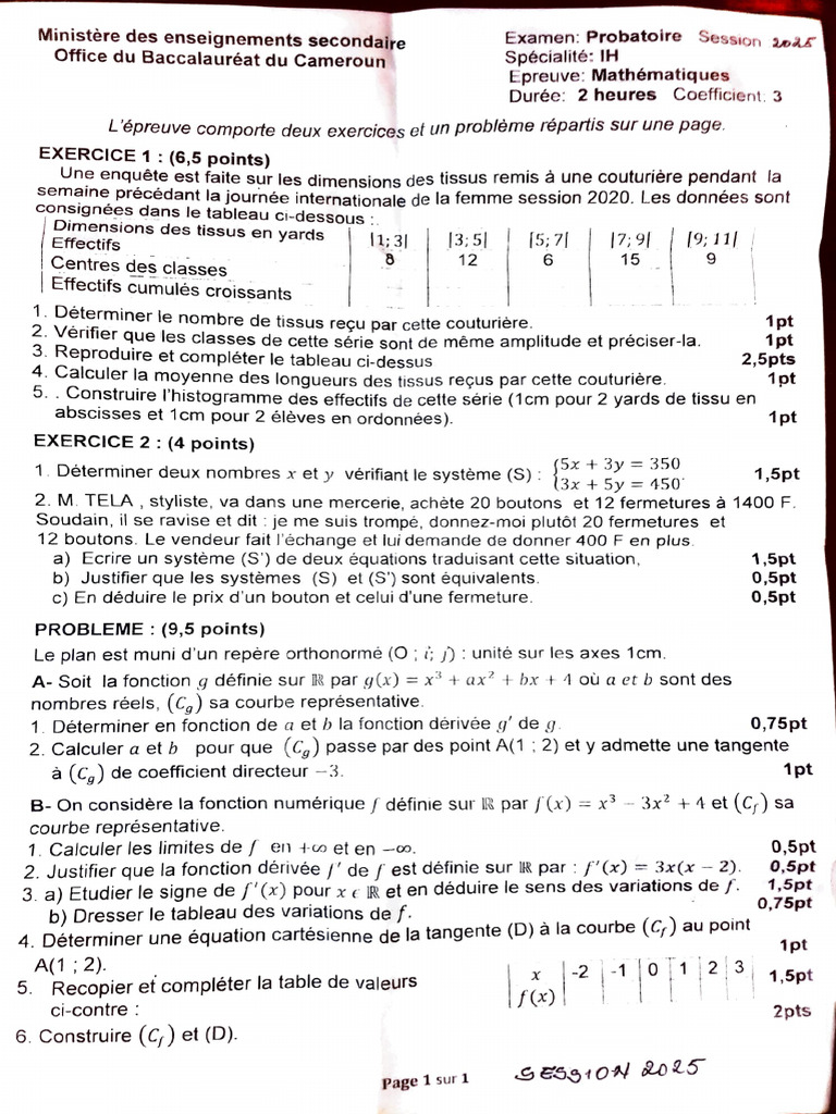 Maths Probatoire Cameroun Serie Ih 2025 | PDF