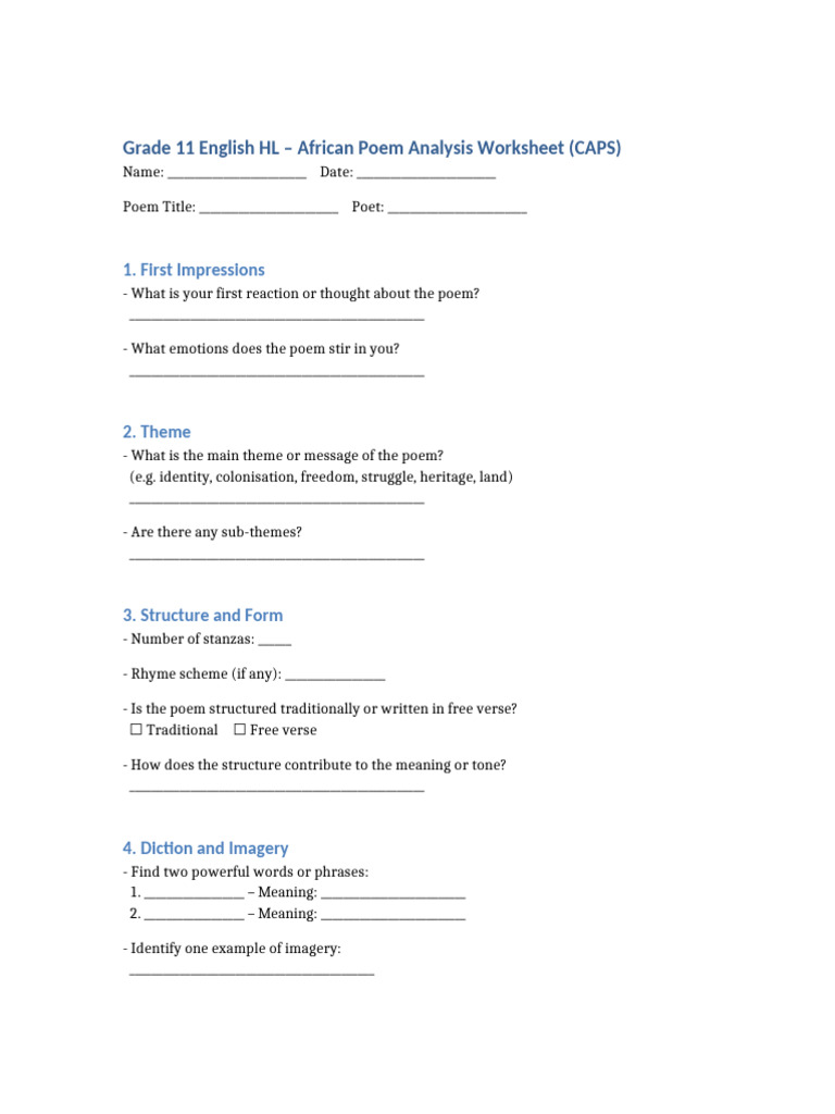 African Poem Analysis Worksheet | PDF