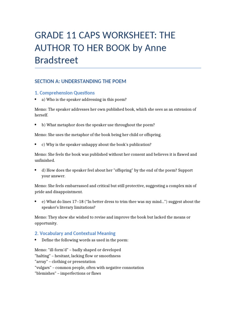 The Author To Her Book Worksheet and Memo | PDF | Poetry | Psychology